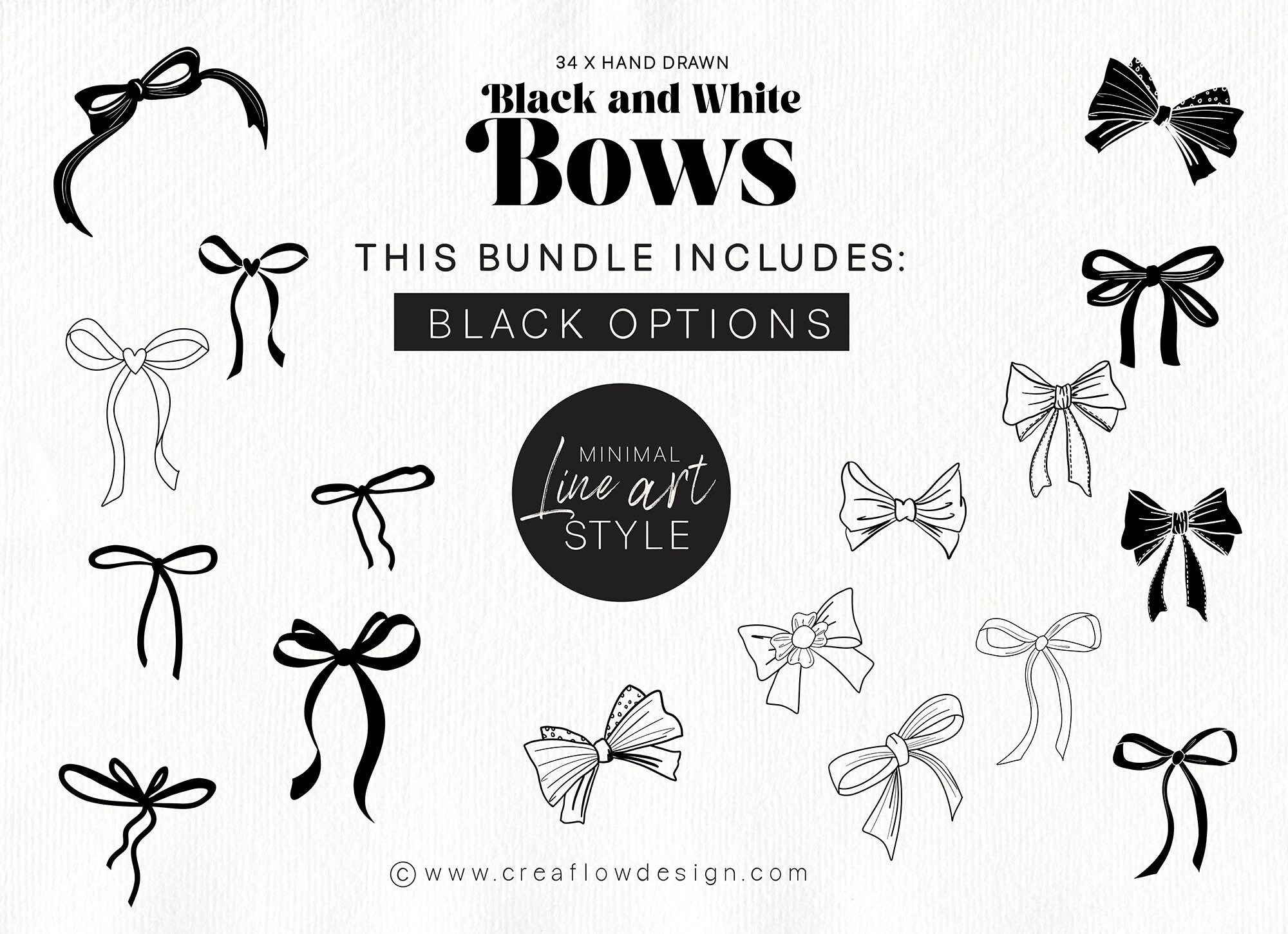 Hand Drawn Black and White Bows ,minimal Black and White Ribbon SVG and ...