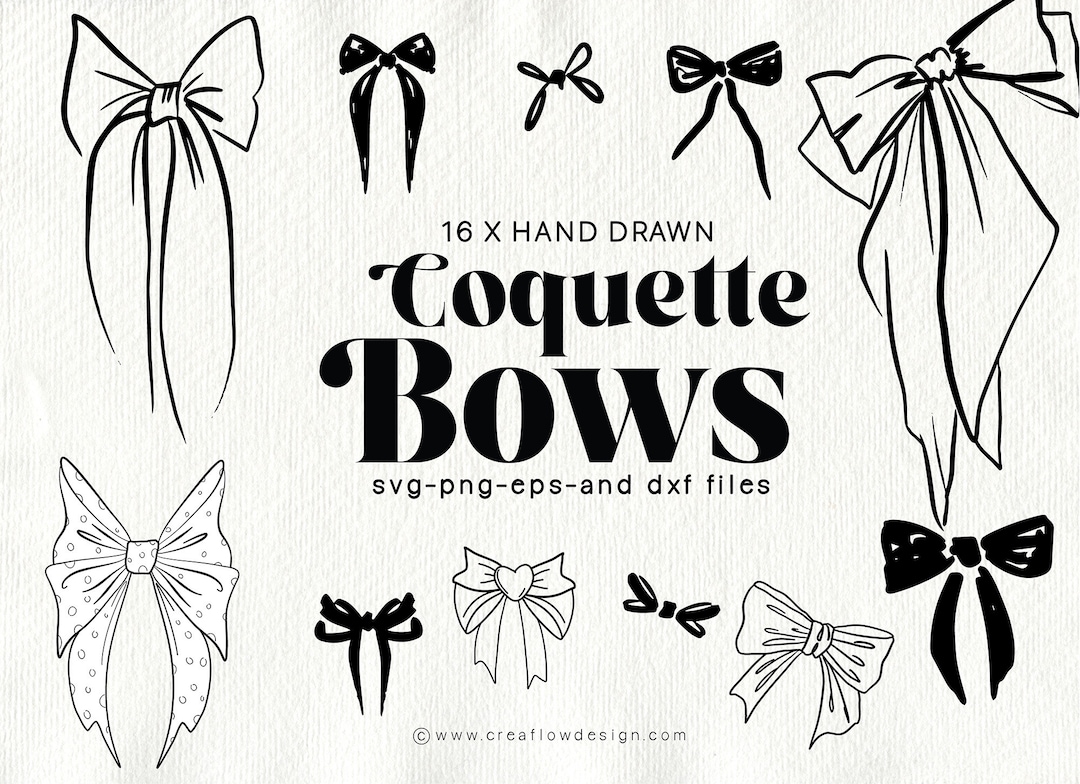 Coquette Bows SVG Bundle, Hand Drawn Black and White Bow Illustrations ...