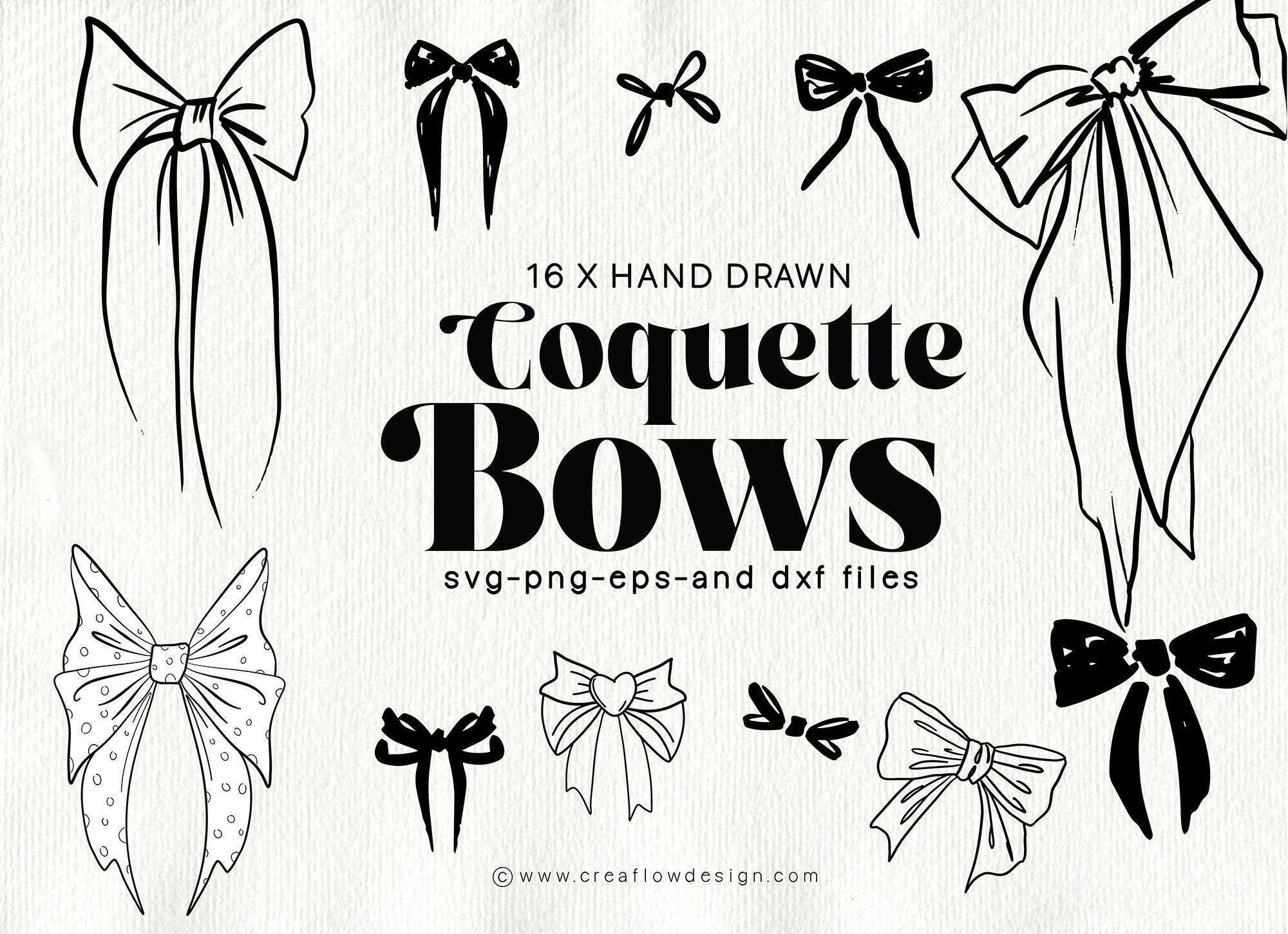 Coquette Bows SVG Bundle, Hand Drawn Black and White Bow Illustrations ...