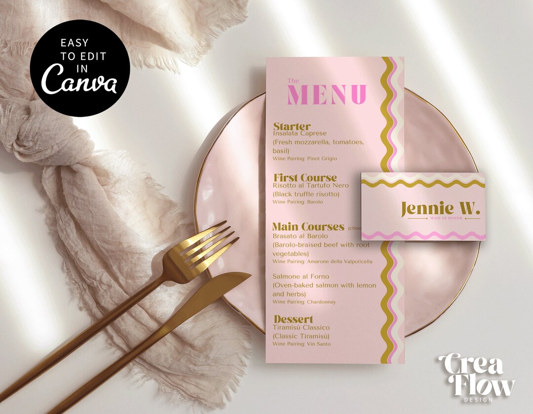 Wavy Border Menu and Namecard Template, Canva Editable Birthday Menu ...