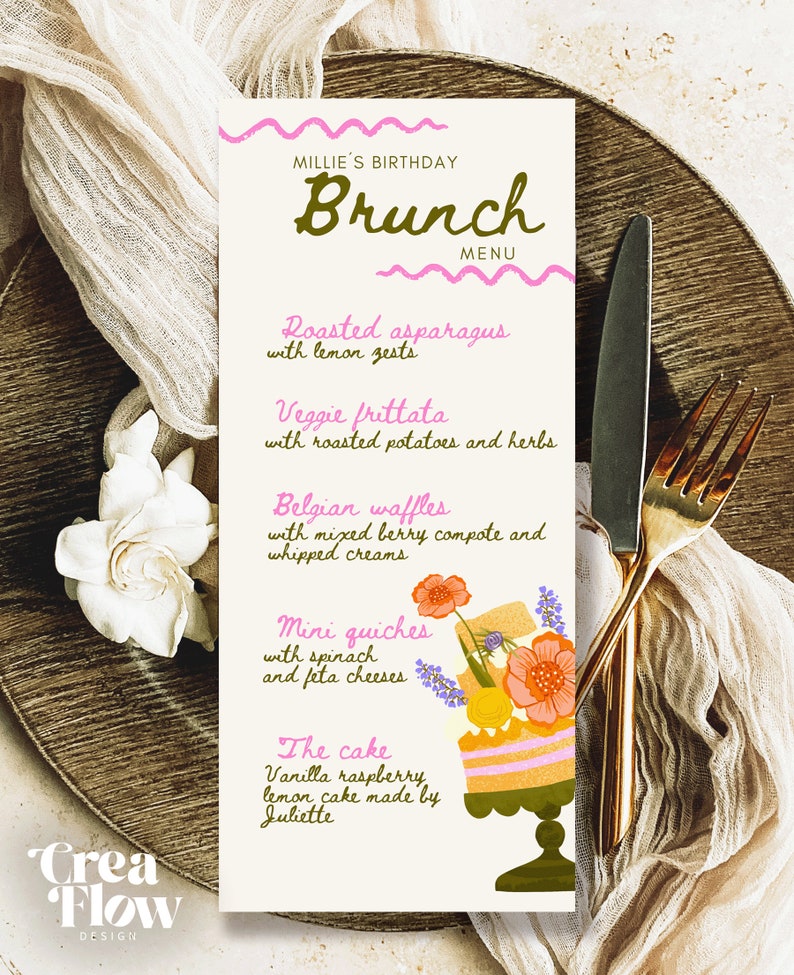 Birthday Brunch Menu and Name Card Template, Bridal Shower Menu ...