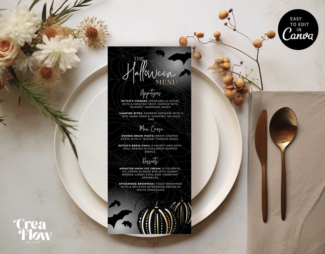 Black and Gold Halloween Narrow Menu Template, Elegant Adult Halloween ...