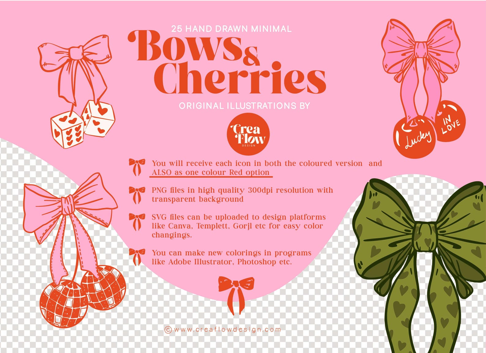 Bows and Cherries Clipart Pack, 25 Hand Drawn Whimsical Cherry and Bow ...