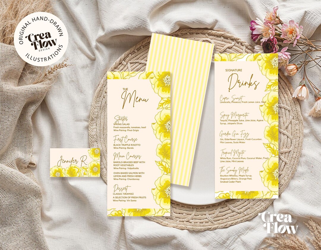 Yellow Menu Template Bundle, Floral Birthday Menu Drink List and Place ...