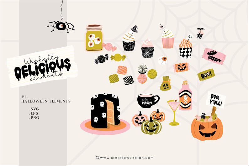 Whimsical Halloween Clipart Pack, 85 Hand Drawn Halloween Desserts ...