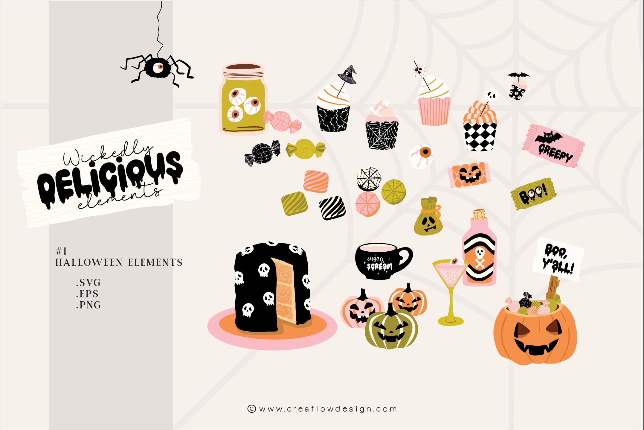 Whimsical Halloween Clipart Pack, 85 Hand Drawn Halloween Desserts ...
