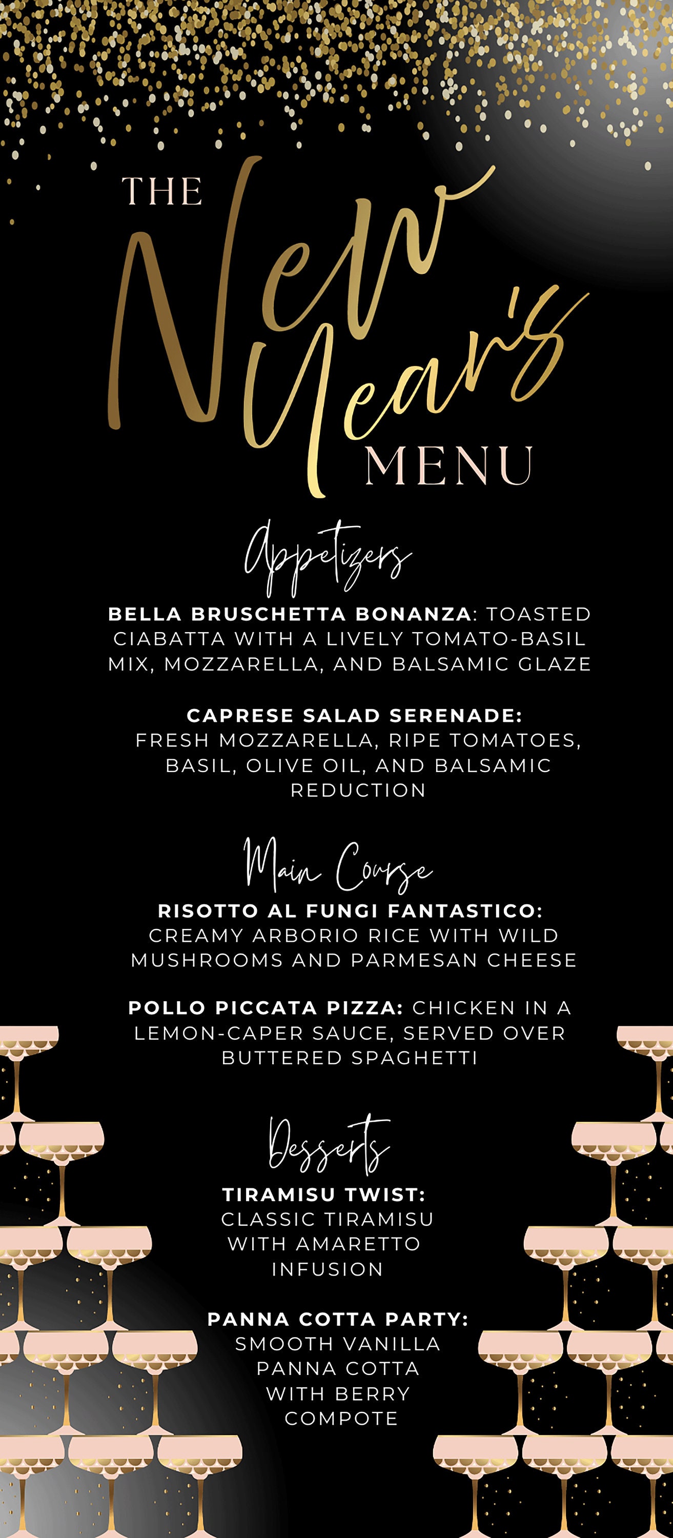 New Years Menu Template, Editable New Year Dinner 3.5“ X 8“ Menu Card ...
