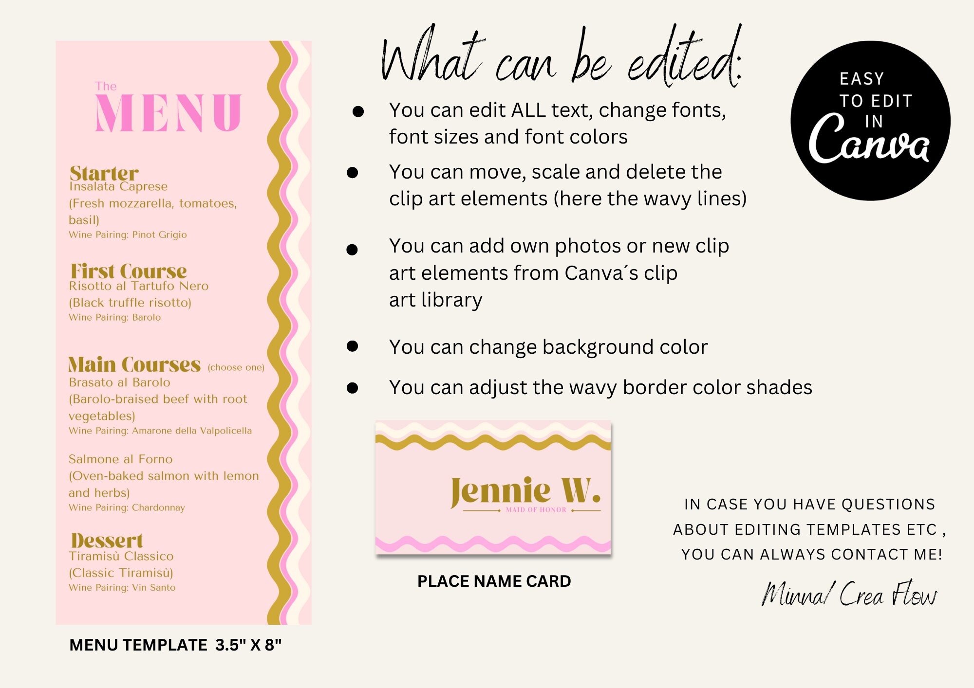 Wavy Border Menu and Namecard Template, Canva Editable Birthday Menu ...