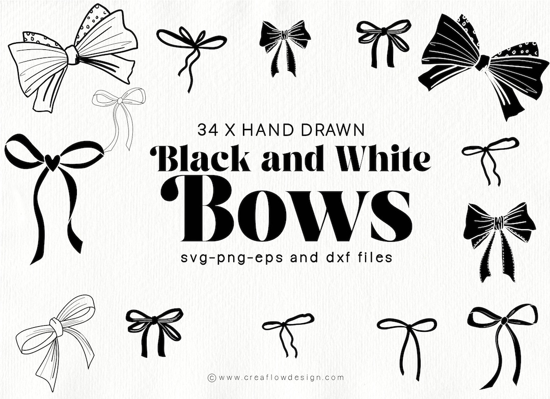 Black and White Bow SVG Bundle, Hand Drawn Line Art Bows, Minimal Black ...