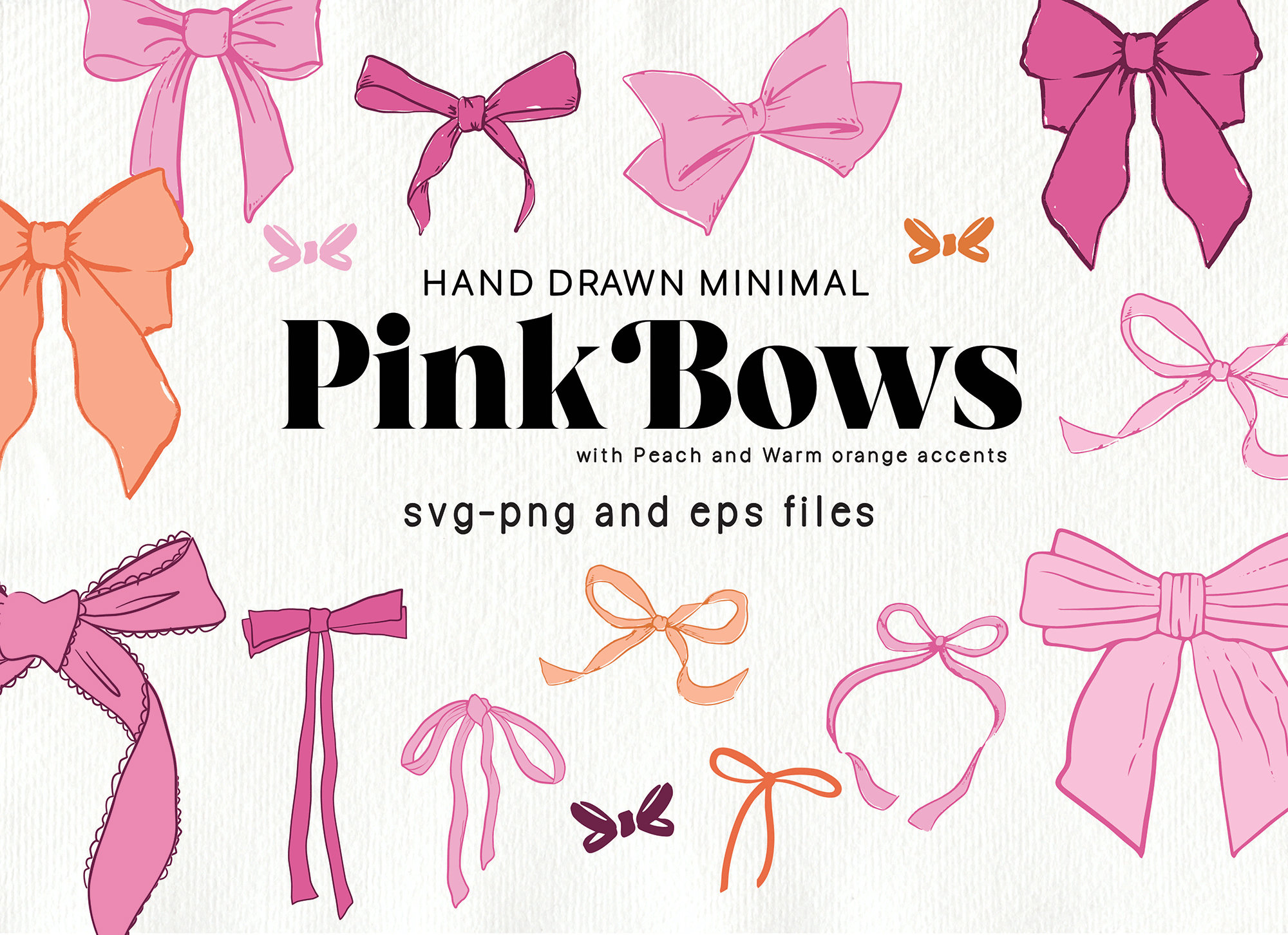 Baby Pink Bows Clipart Pack, 20 Hand Drawn Bows, Minimal Line Art Pink ...