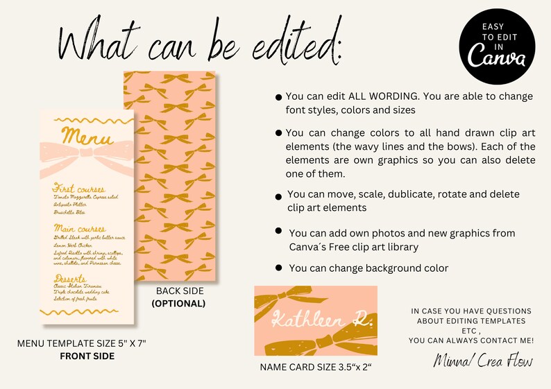 Peach Menu and Name Card Template, Birthday Menu Template With Bow ...