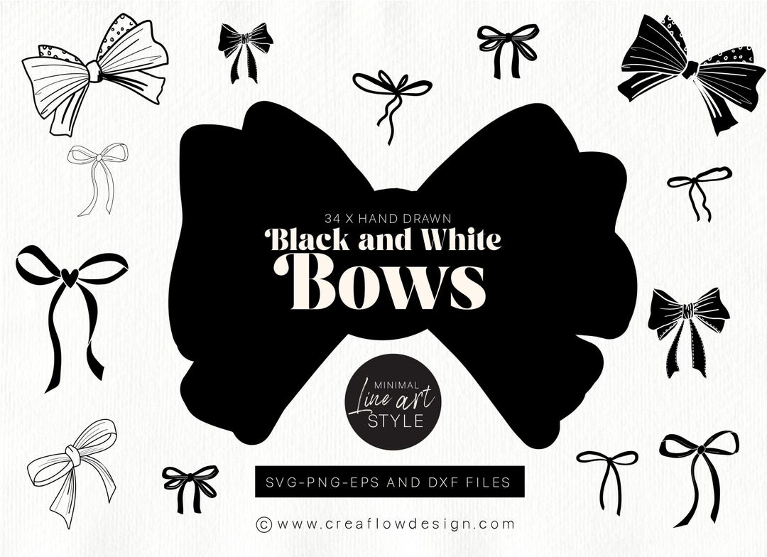 Hand Drawn Black and White Bows ,minimal Black and White Ribbon SVG and ...