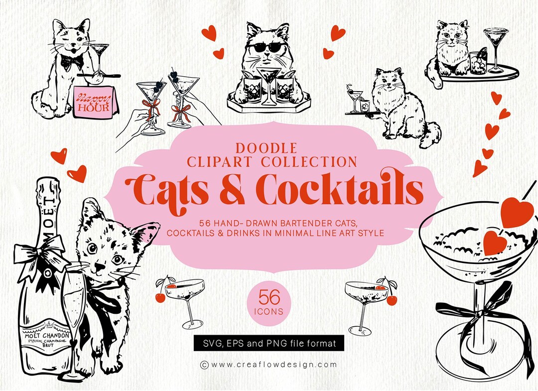Cats and Cocktails Clipart Pack, 56 Hand Drawn Whimsical Bartender Cats ...