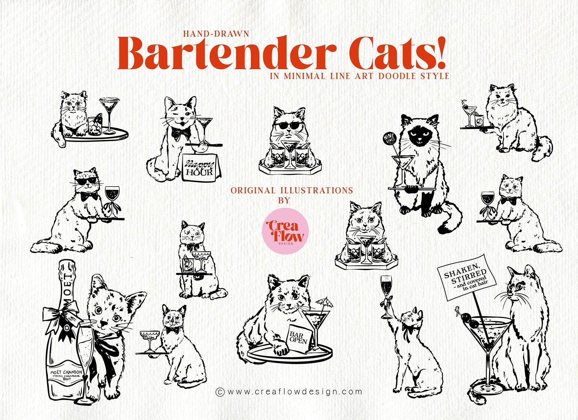 Cats and Cocktails Clipart: Hand-drawn Bartender Cats (SVG, EPS, PNG ...
