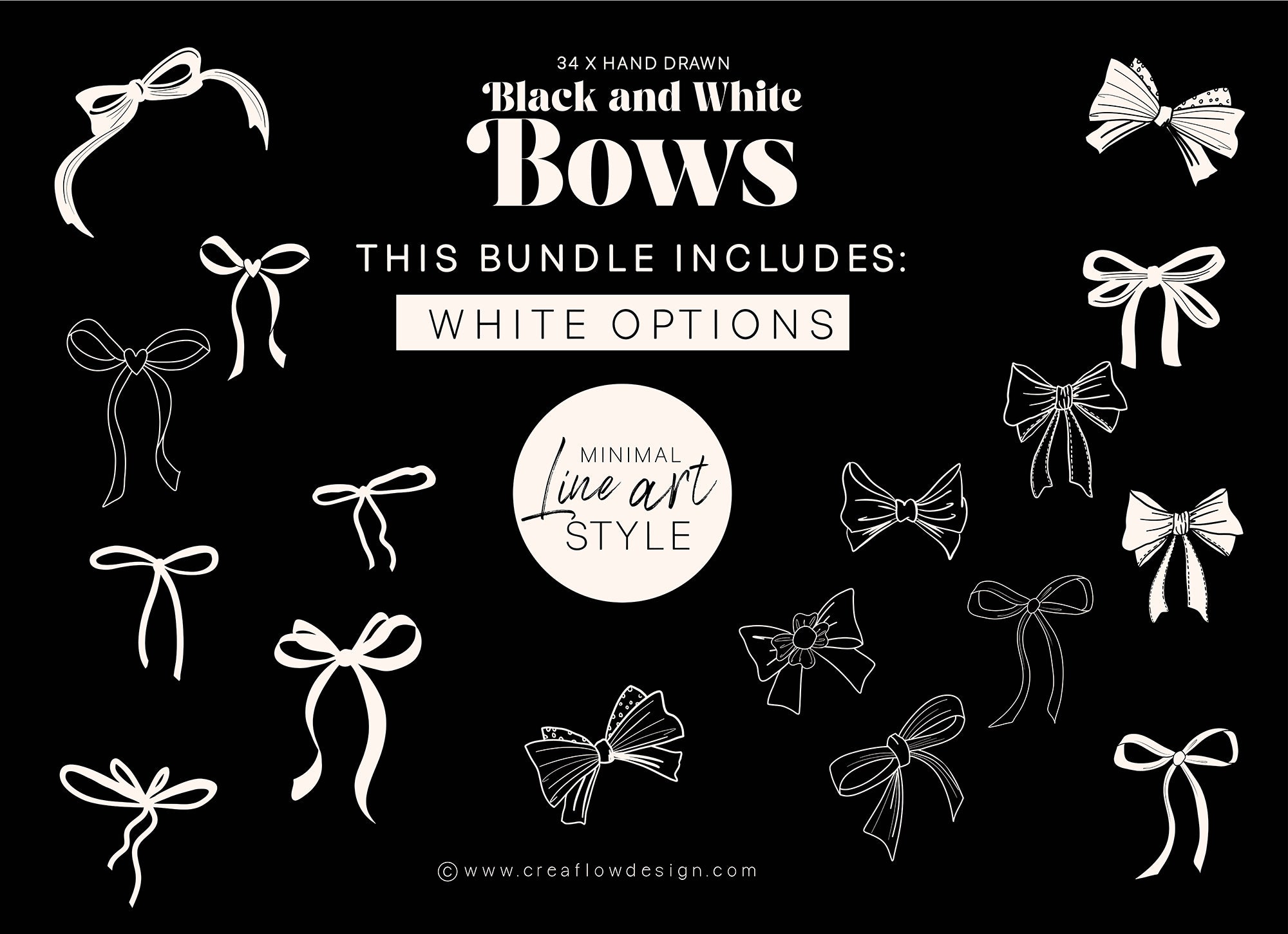 Hand Drawn Black and White Bows ,minimal Black and White Ribbon SVG and ...