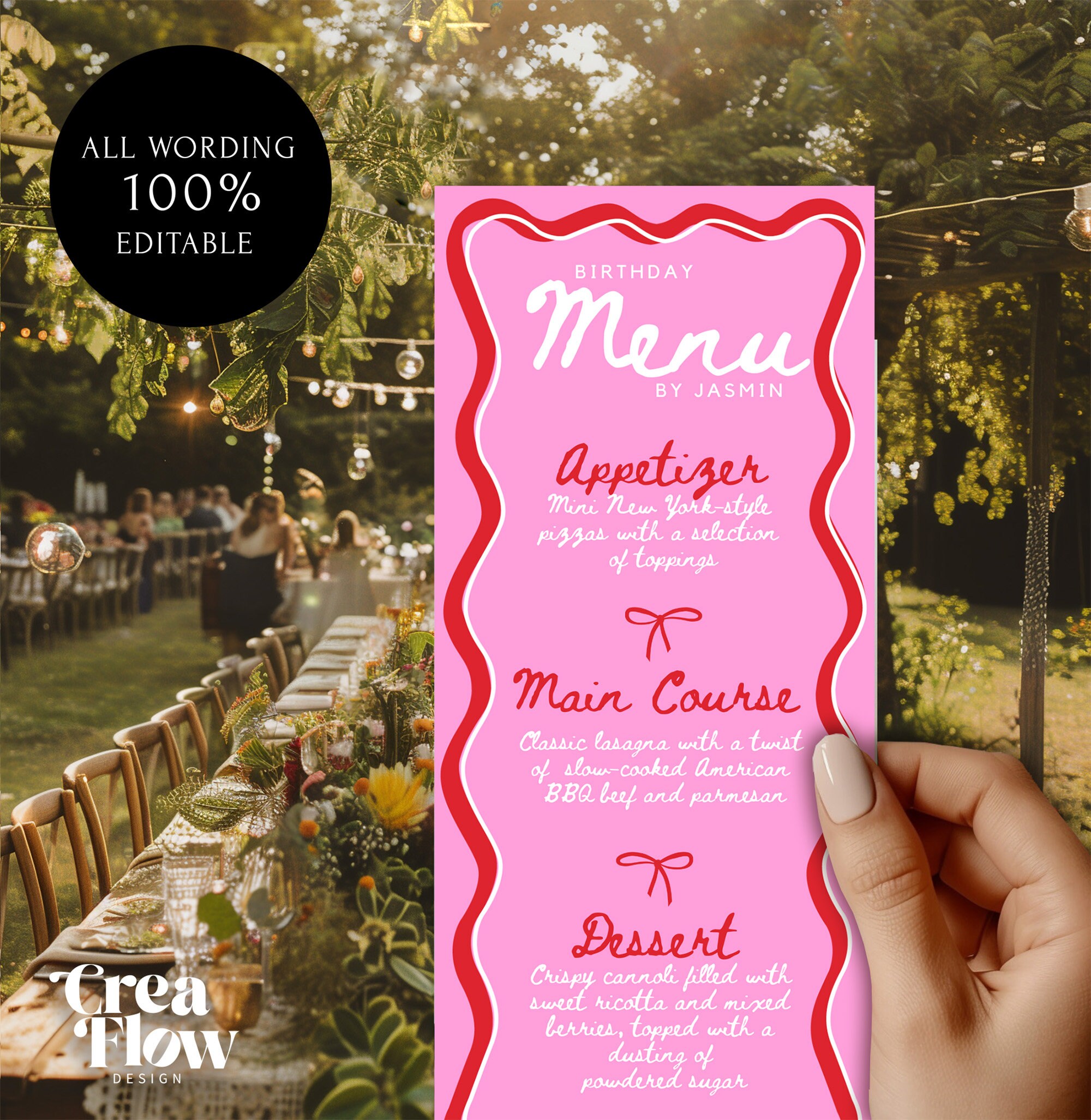 Pink Summer Menu Template, Pink Baby Shower Menu and Place Card, Hand ...