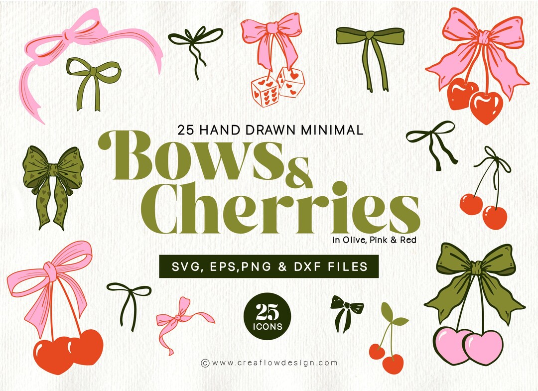 Bows and Cherries Clipart Pack, 25 Hand Drawn Whimsical Cherry and Bow ...
