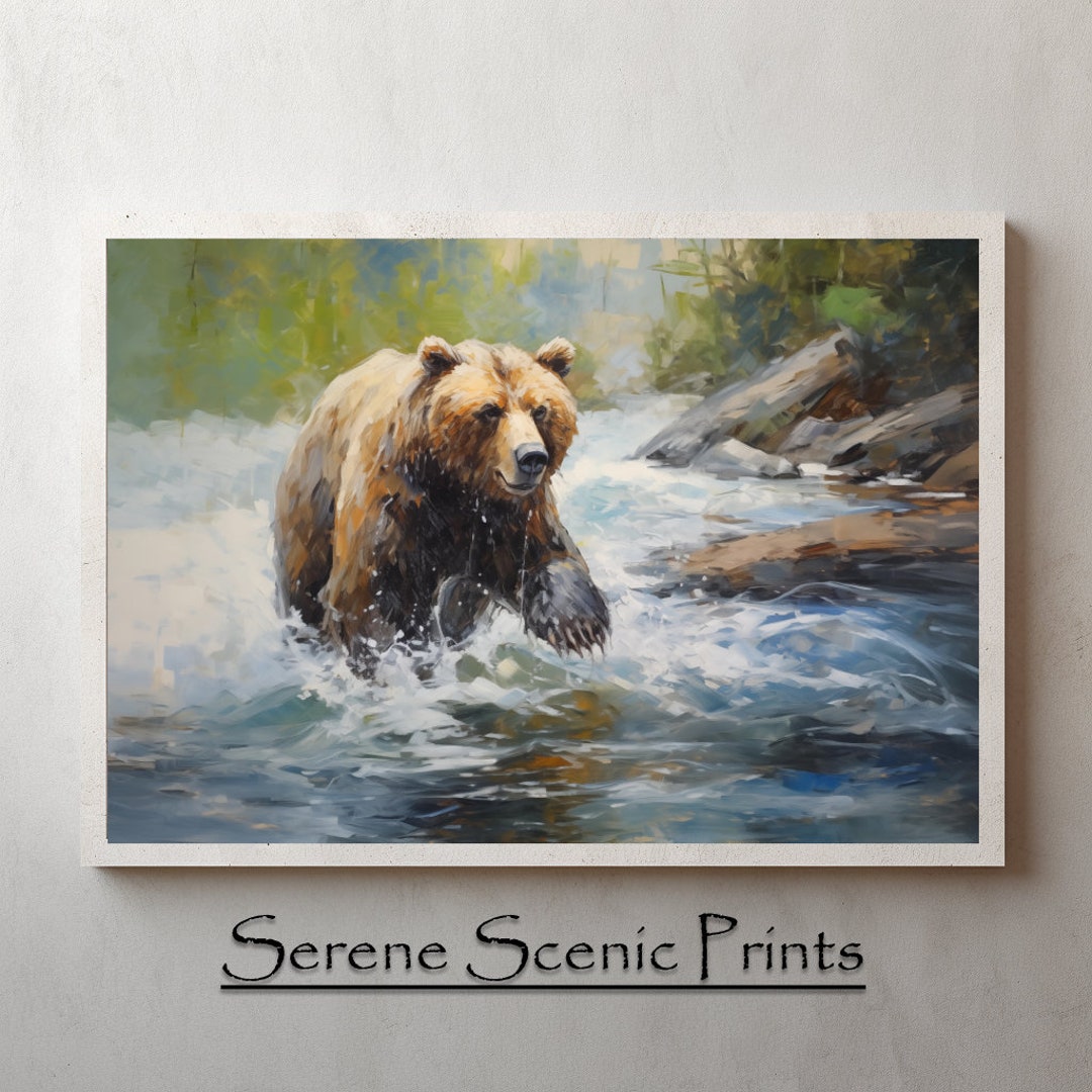 Rushing River Grizzly - Digital Print, Bear in Nature Artwork, Wild ...