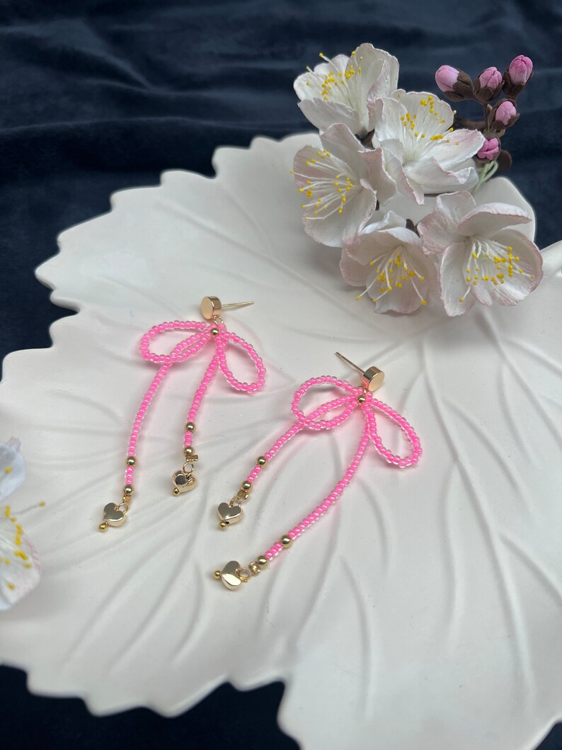 Hand Beaded Pink Bow Earrings,sumer Earrings ,statement Earrings, Gifts ...