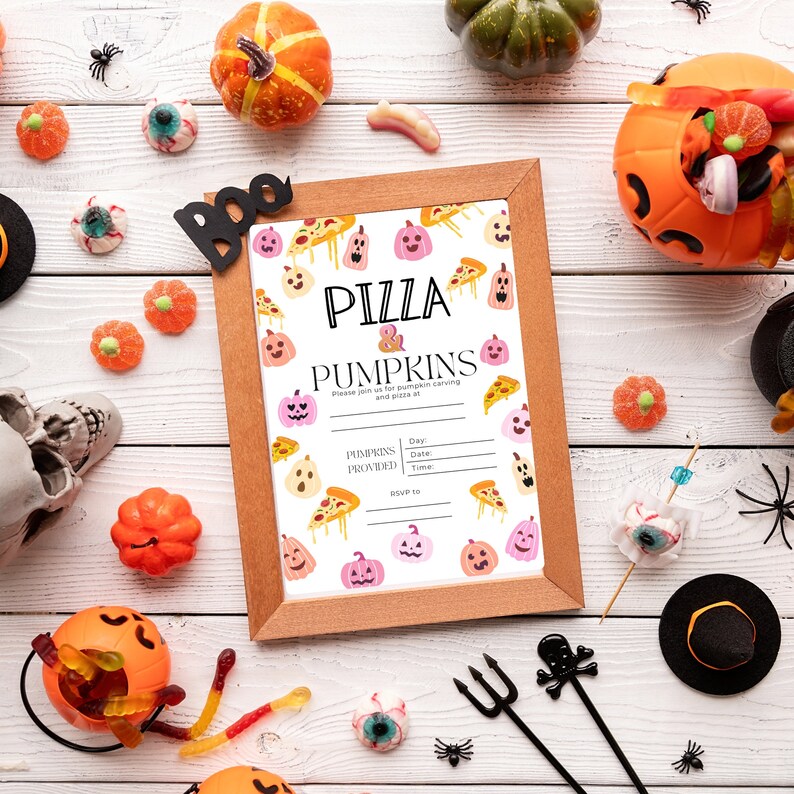 Halloween Party Printable Invitations. Pizza Party Invitation. Pumpkin ...