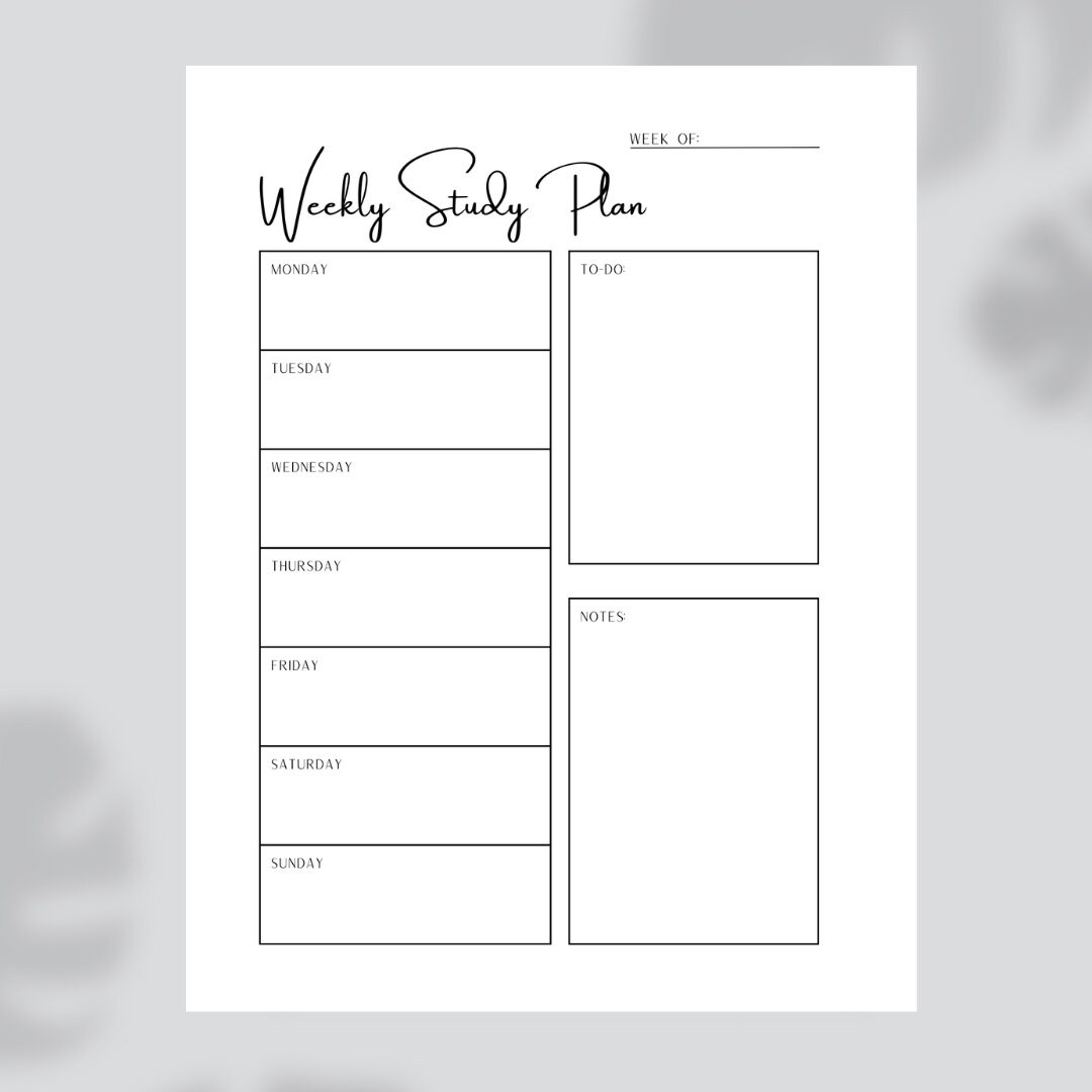 Weekly Study Plan, Monday - Sunday Planner, Weekly To-do List, Study ...