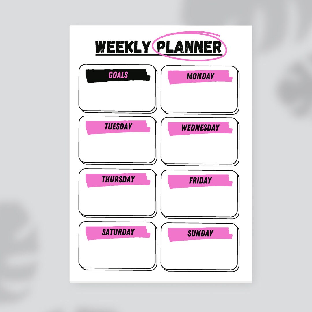 Weekly Planner With Goals, Printable Planner, Pink Highlighter, Week at ...