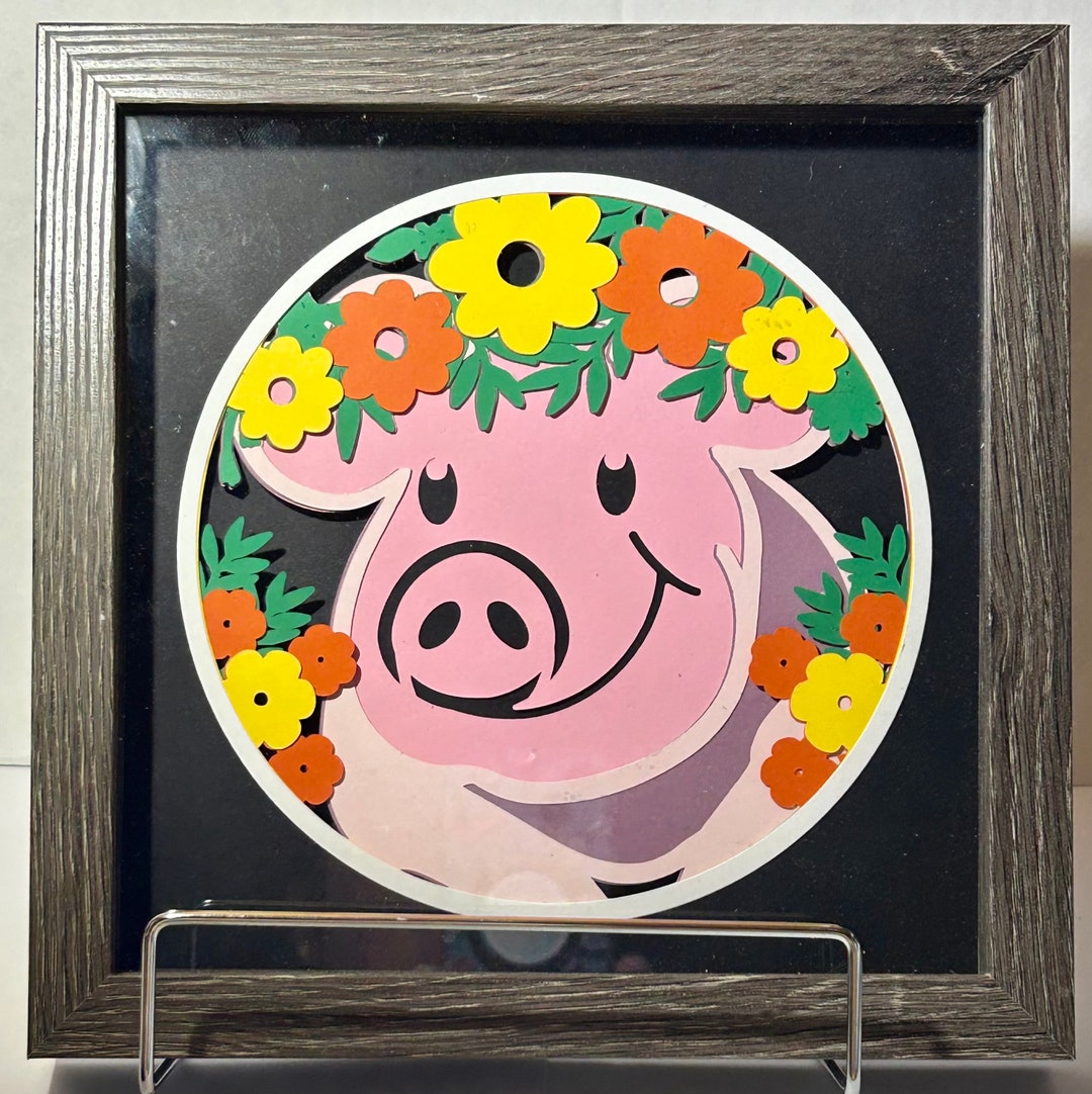 Pig Shadowbox - This Gray Wood-tone 8x8 Frame Features a Comical 3D Pig ...