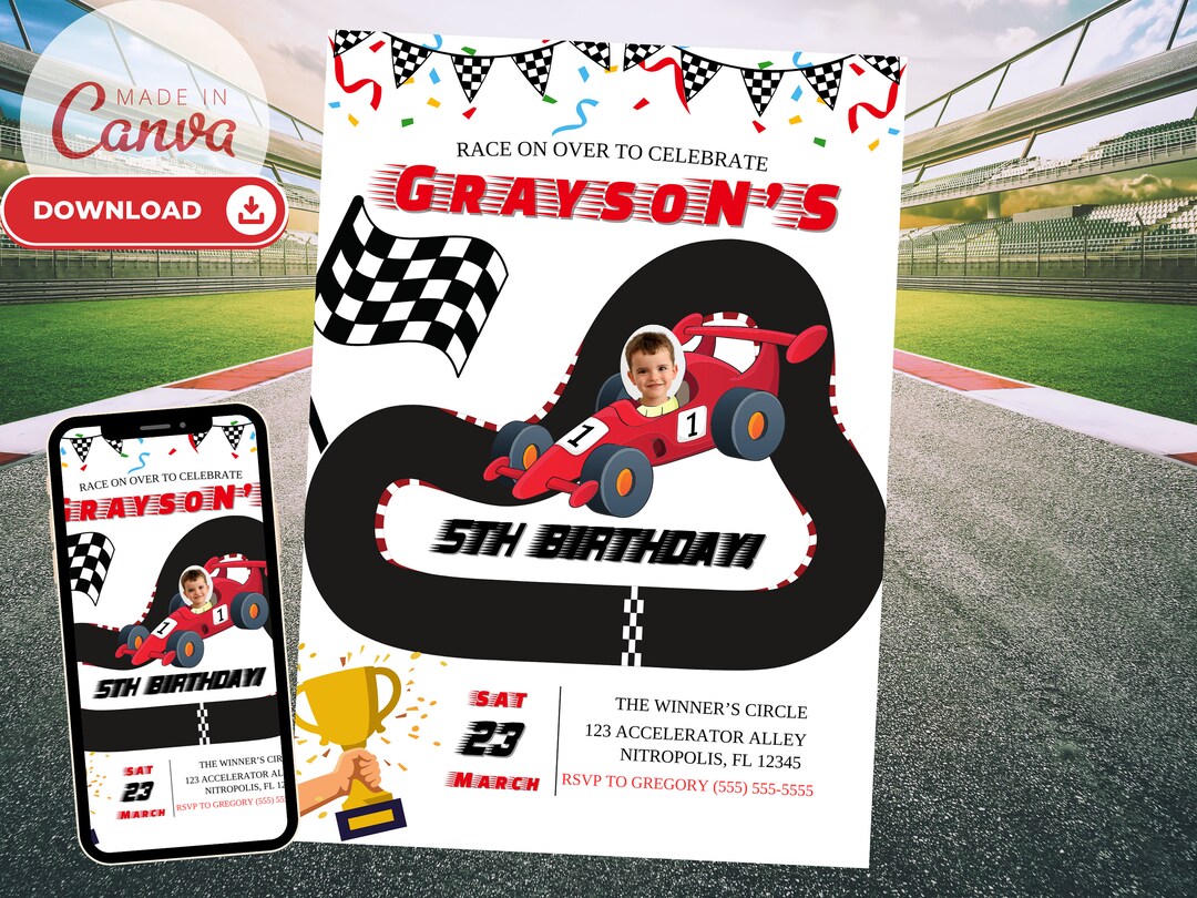 Race Car Birthday Invitation | Racing Birthday Invite | Red Car Racing ...