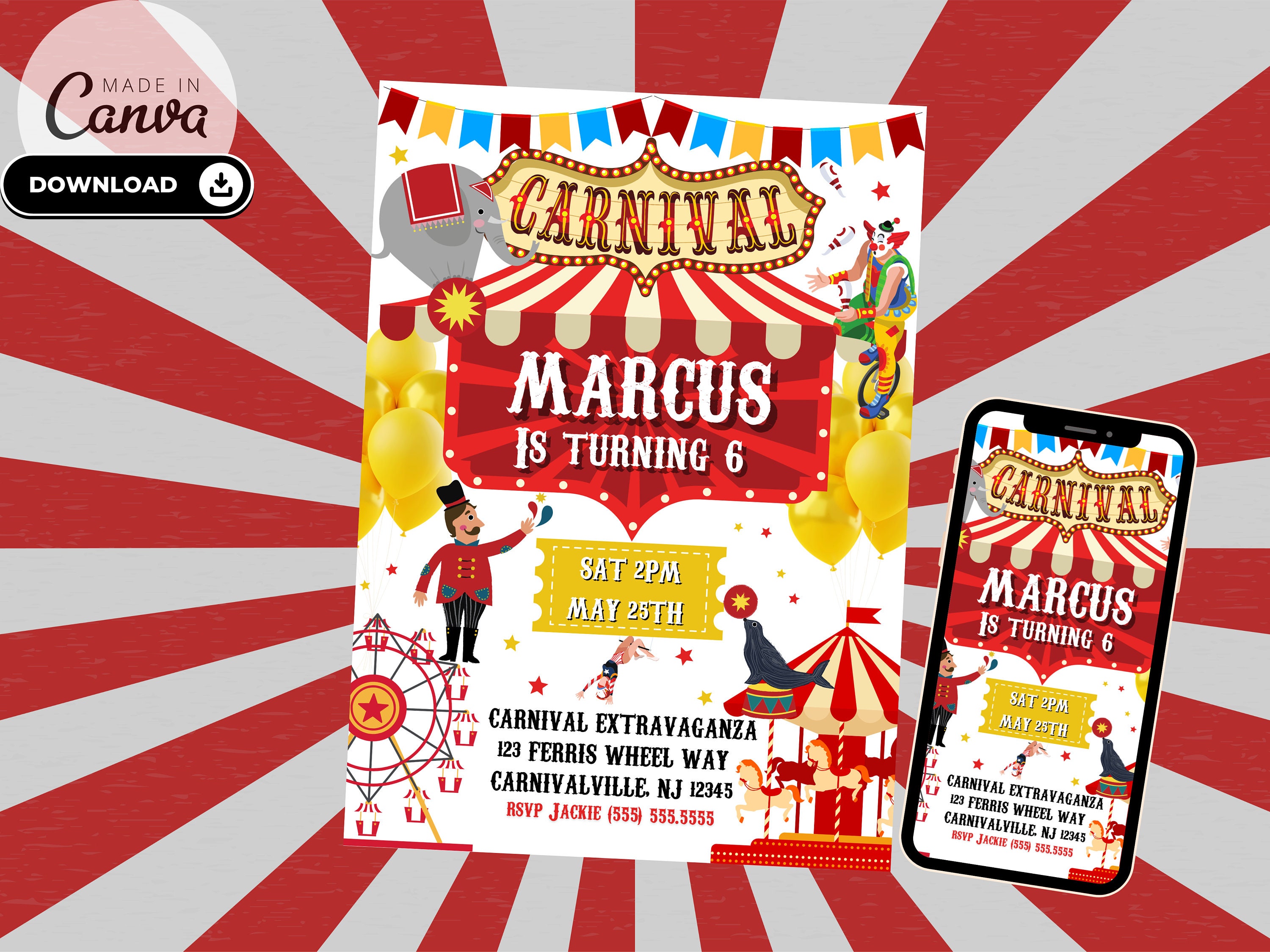 Carnival Birthday Invitation | Circus Party Invitation | Carnival Theme ...