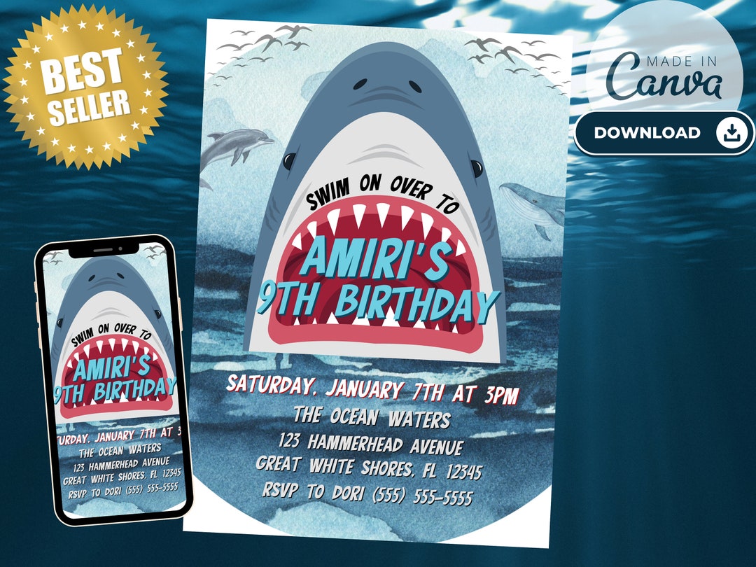 Shark Birthday Invitation | Shark Invite Boys Girls | Shark Invitation ...