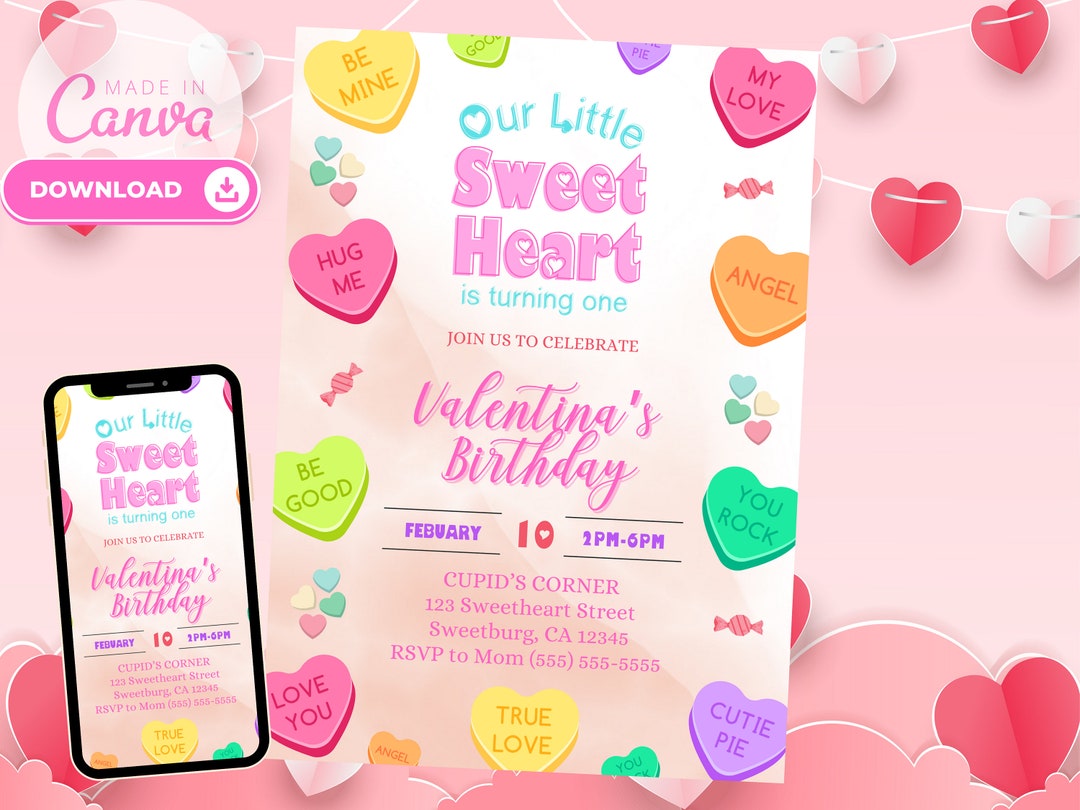 Valentine Pink Heart Invite Sweetheart Birthday Invite Conversation ...
