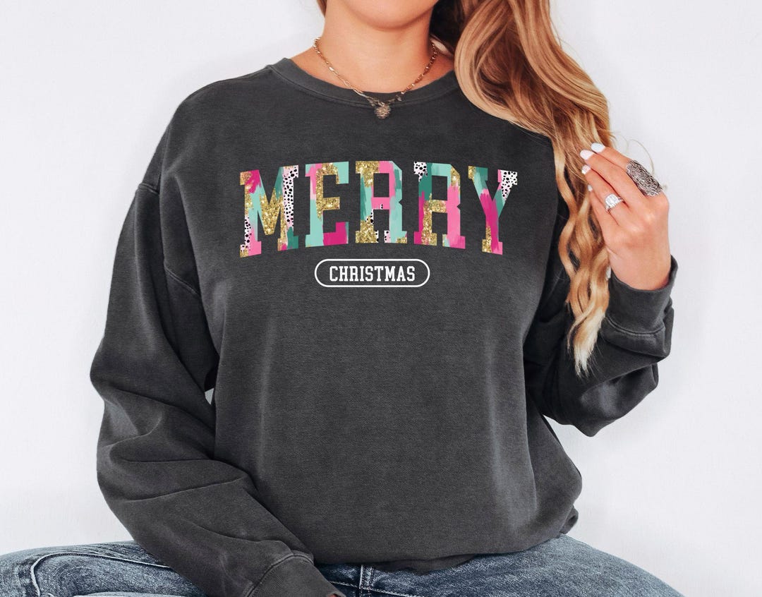 Comfort Colors Merry Christmas Sweatshirt, Colorful Glitter Christmas ...