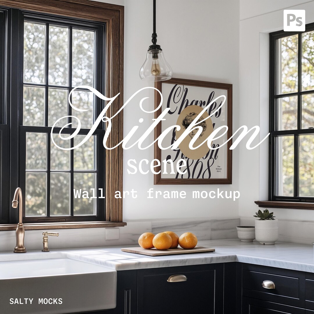 Kitchen Wall Art Mockup: Black Cabinets, Granite Interior (PSD, JPG) - Etsy