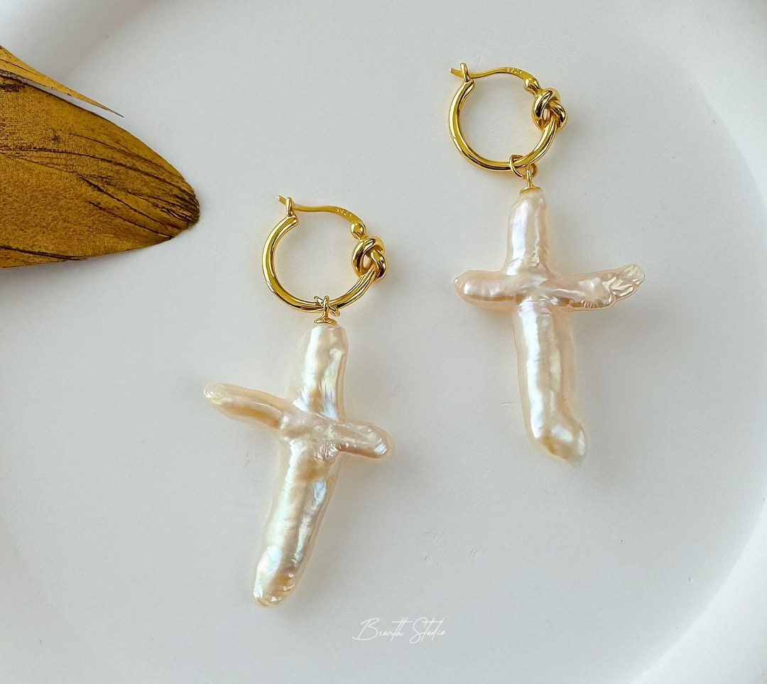 Pearl Cross Earrings | Gold Vermeil Hoop Earrings Freshwater Pearl ...