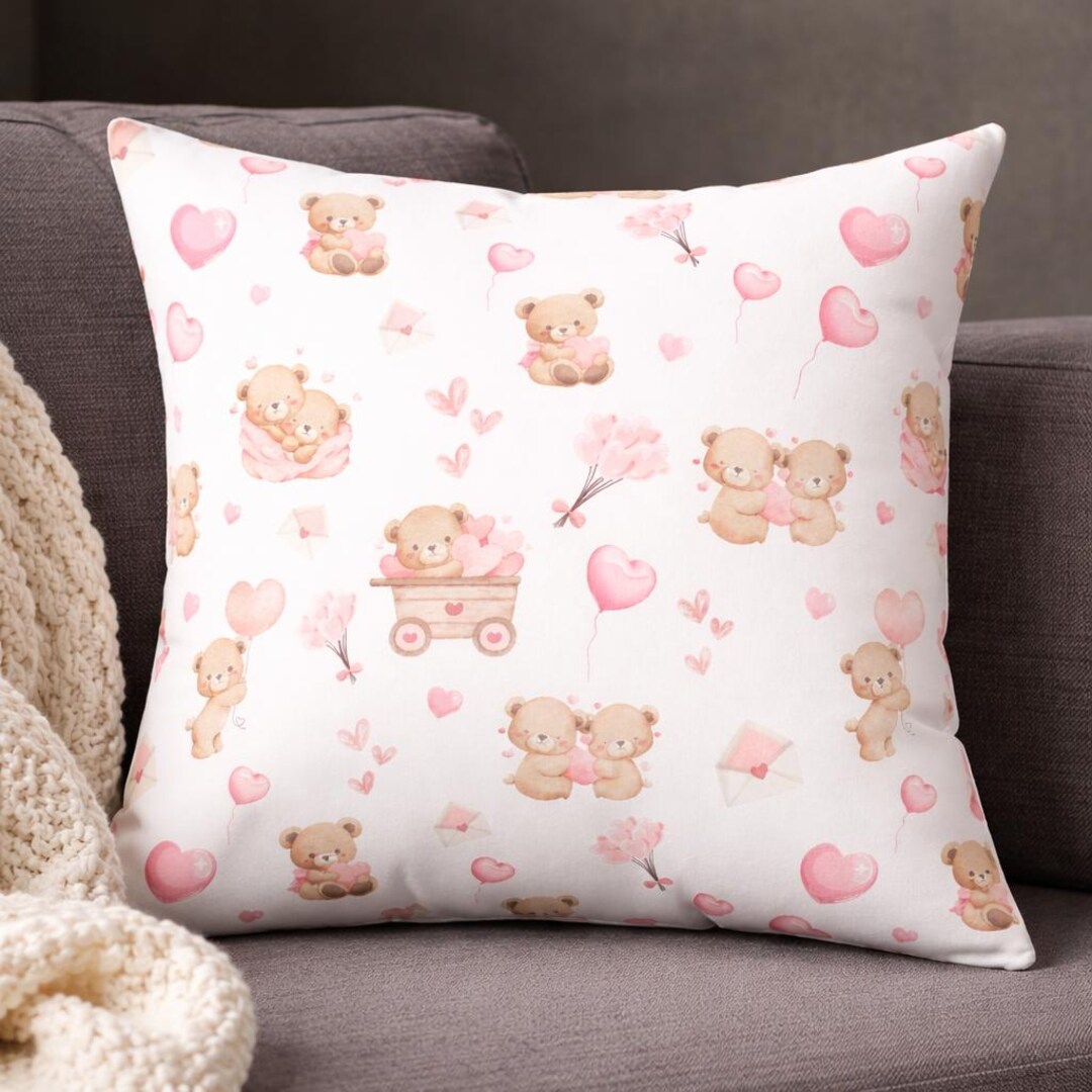 Cute Teddy Bear Throw Pillow, Pink Heart Bear Pattern Pillow, Cozy ...