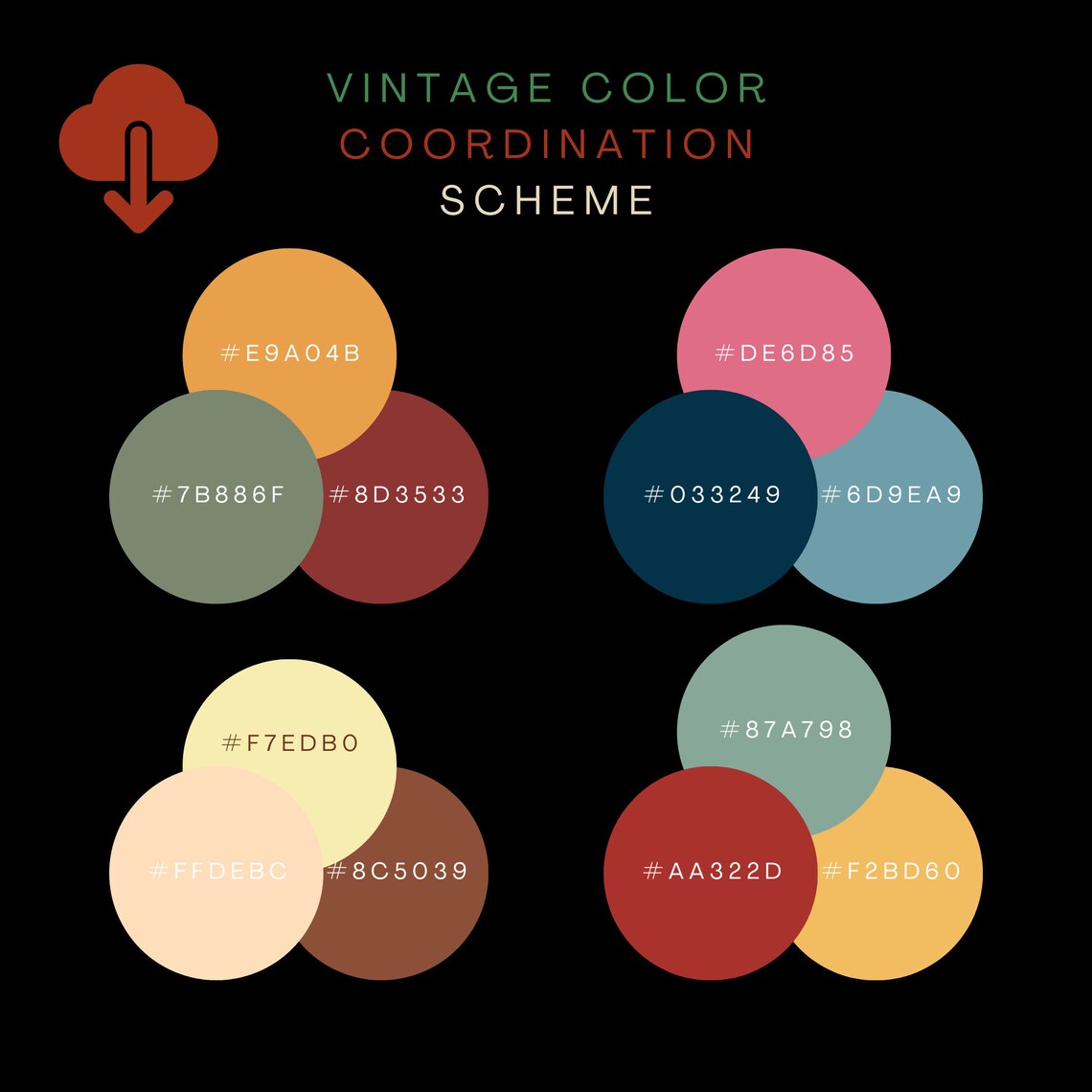 Set of 52 Vintage Color Palettes Tri-color Coordination Schemes for T ...