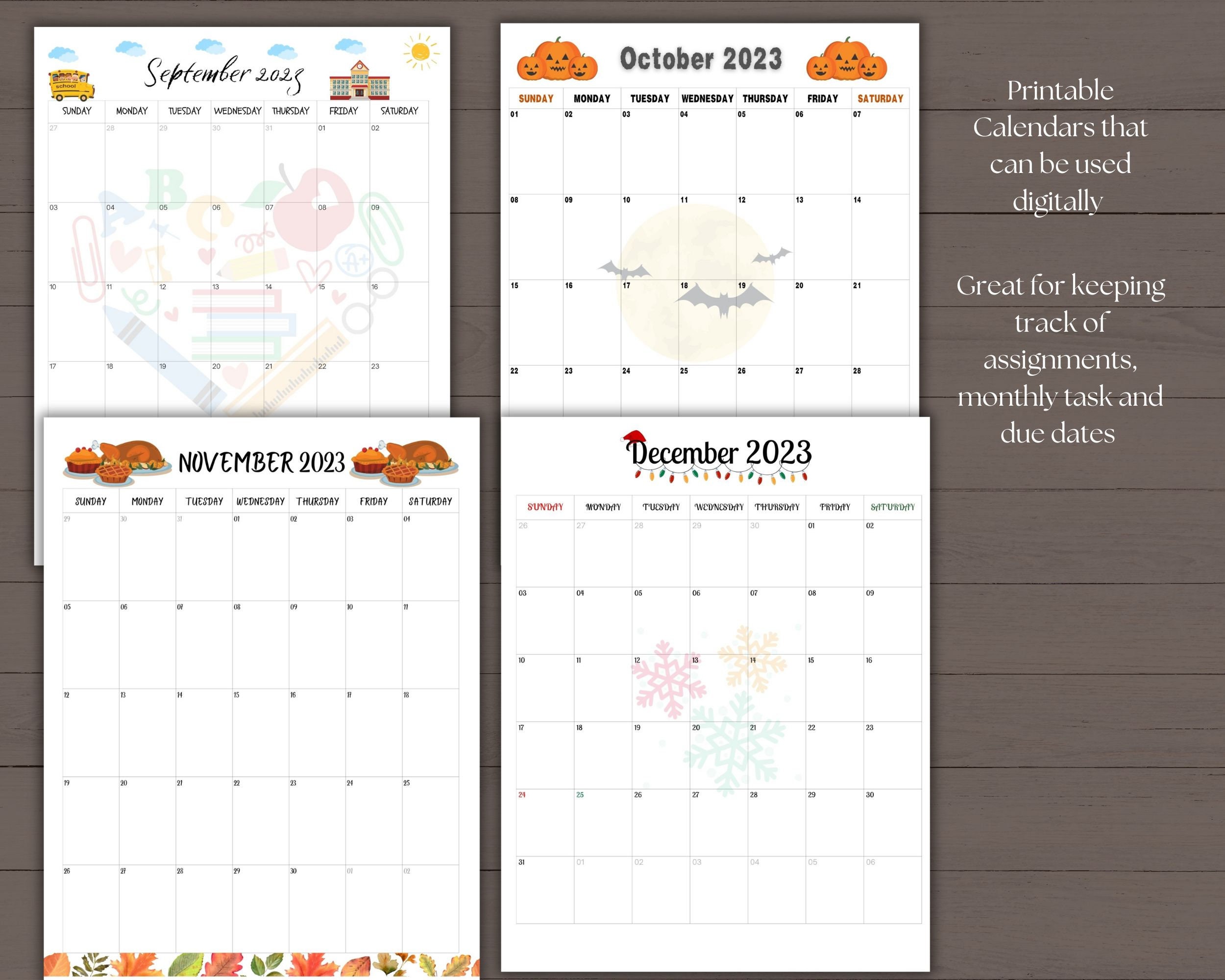 Digital 2023 Monthly Calendars Printable, Holiday Theme Calendars ...