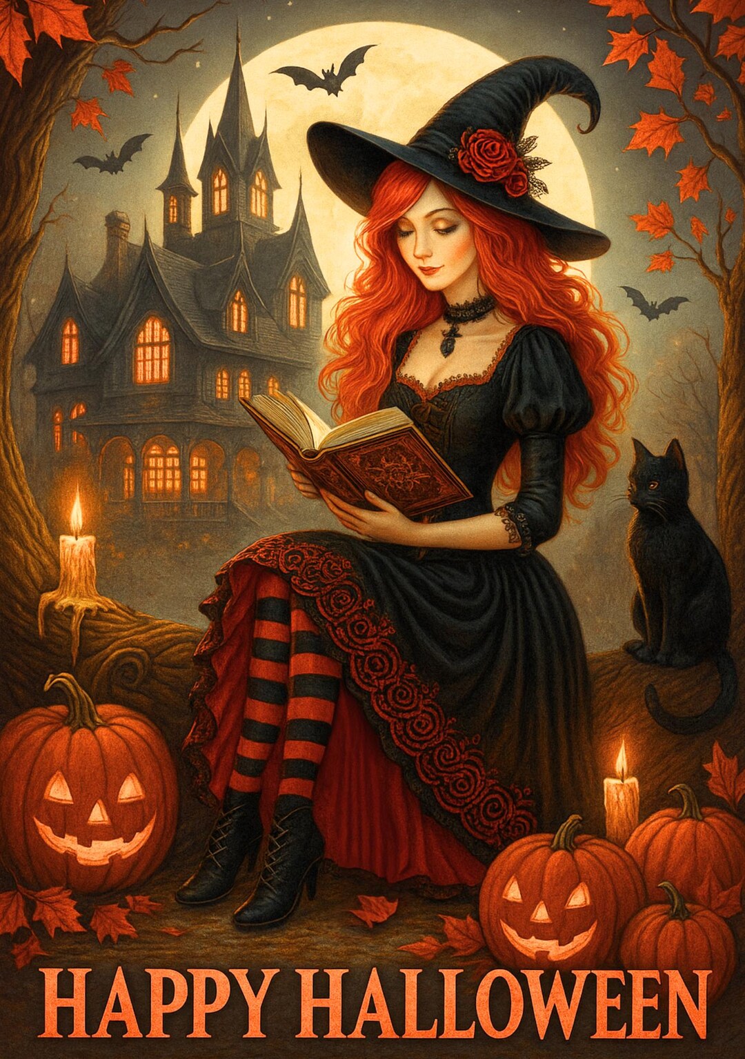 Reading Witch Halloween Greeting Card – Enchanted Autumn Witch With ...