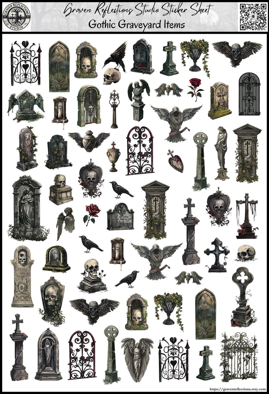 Gothic Graveyard Items Sticker Sheet Victorian Cemetery Stickers ...