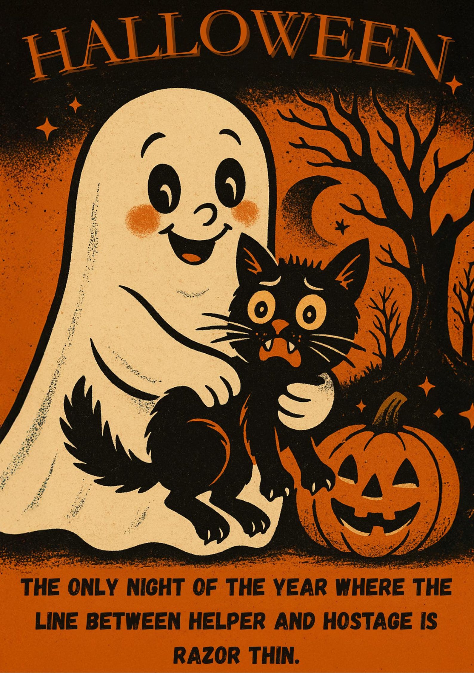Halloween Pals Greeting Card – Funny Ghost and Black Cat Vintage ...