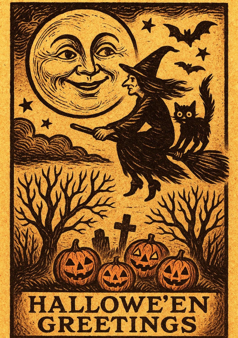 Vintage Inspired Halloween Card – Flying Witch – Retro Vibe “hallowe’en ...