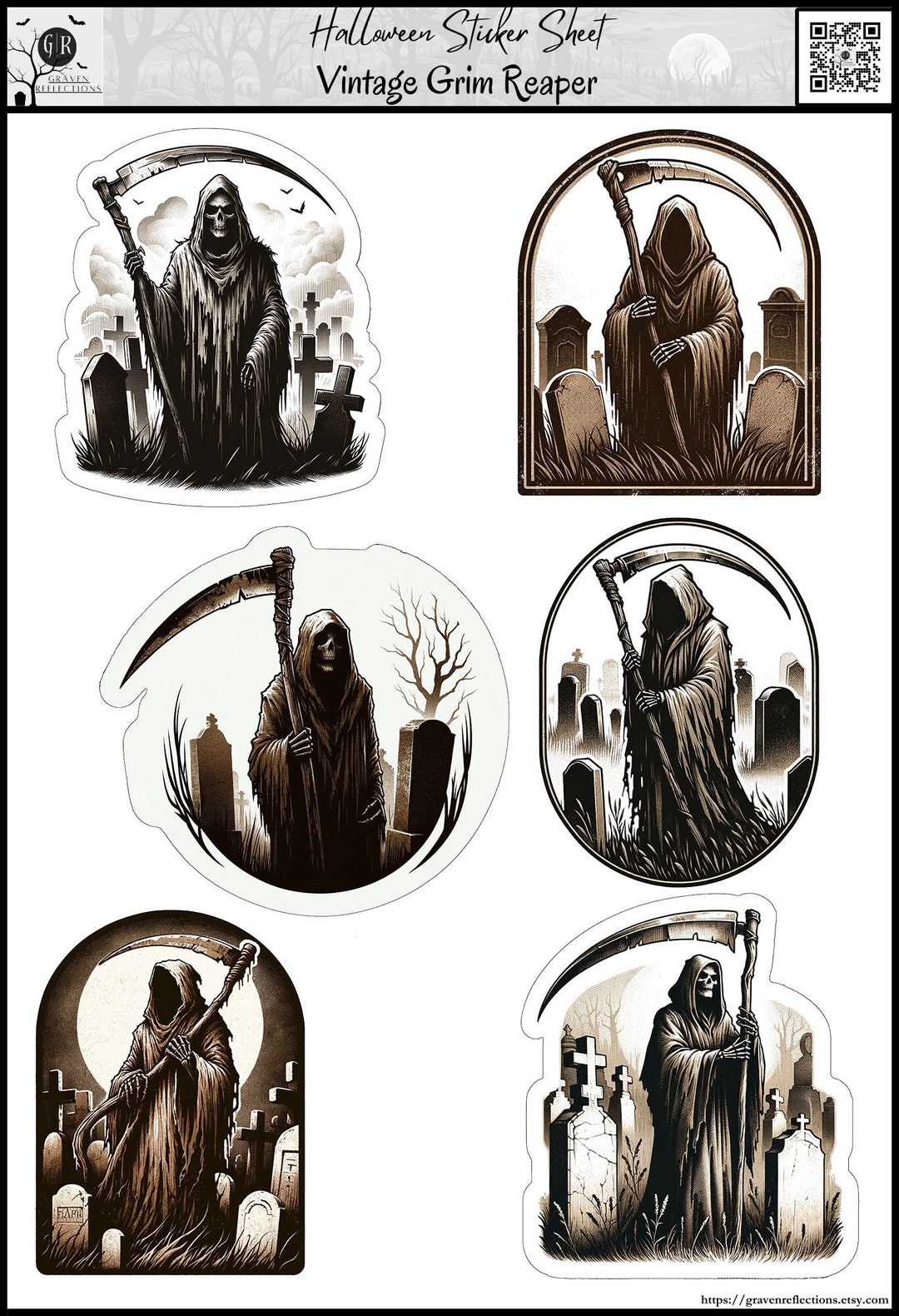 Grim Reaper Vintage Halloween Sticker Sheet Holiday Sticker Sheet ...