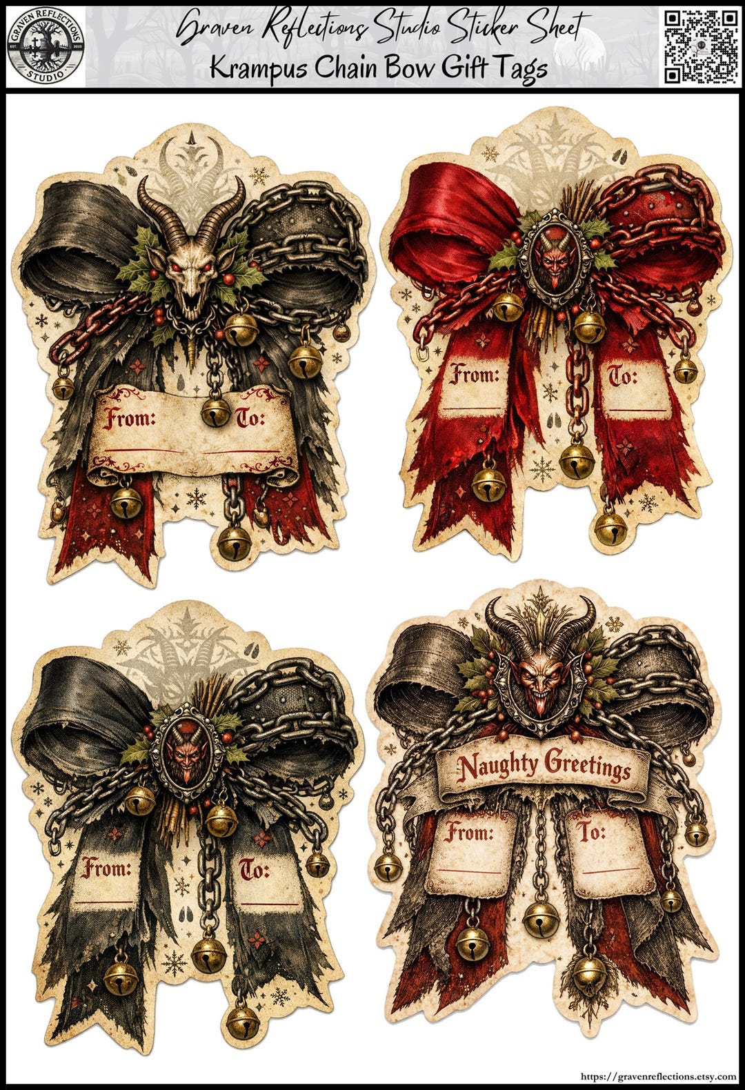 Krampus Chain Bow Gift Tag Stickers – Gothic Holiday Tags, Vintage ...