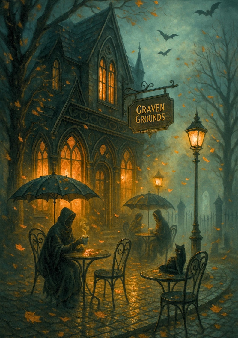 Graven Grounds Card- Gothic Halloween Cafe Art, Cozy Creepy Autumn ...