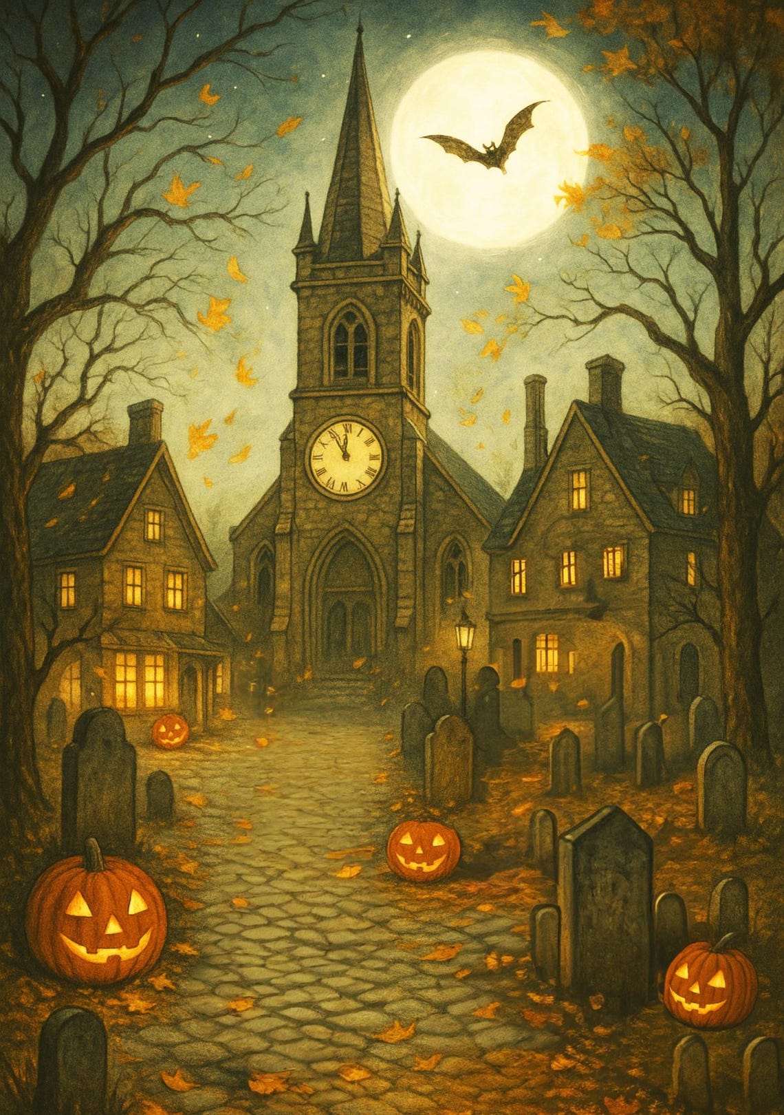 Haunted Halloween Village Greeting Card – Gothic Autumn Night Scene ...