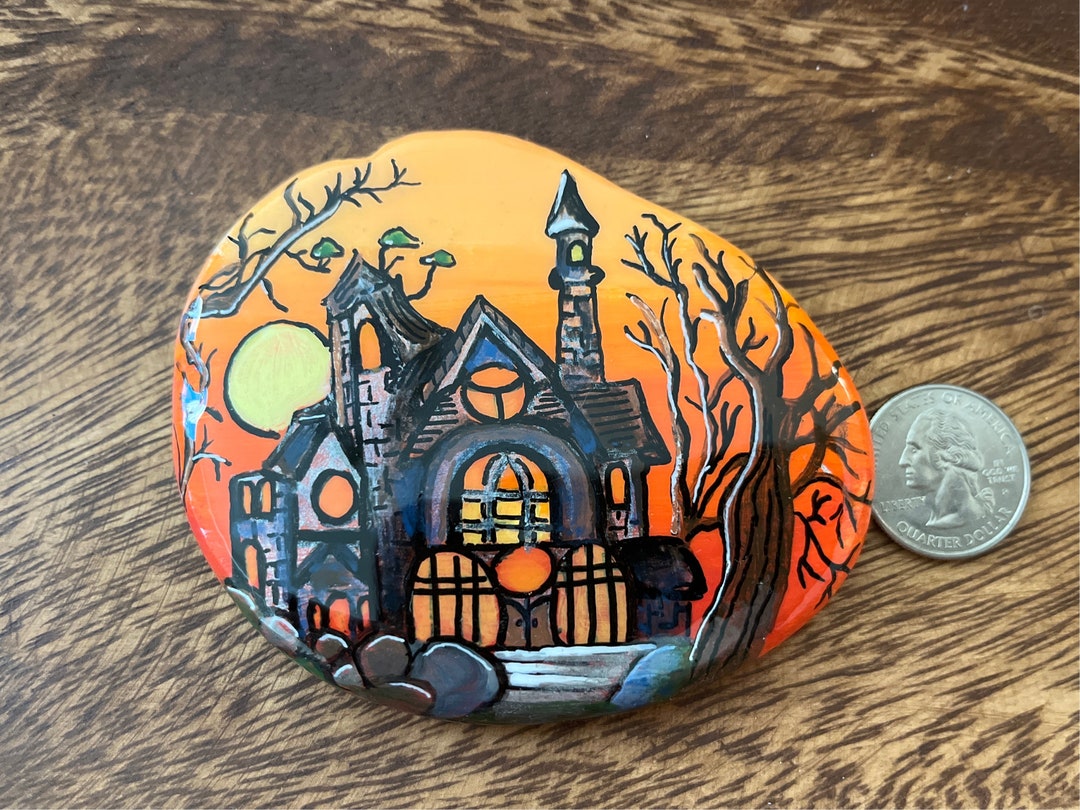 Halloween Haunted House Painted Rock - Etsy