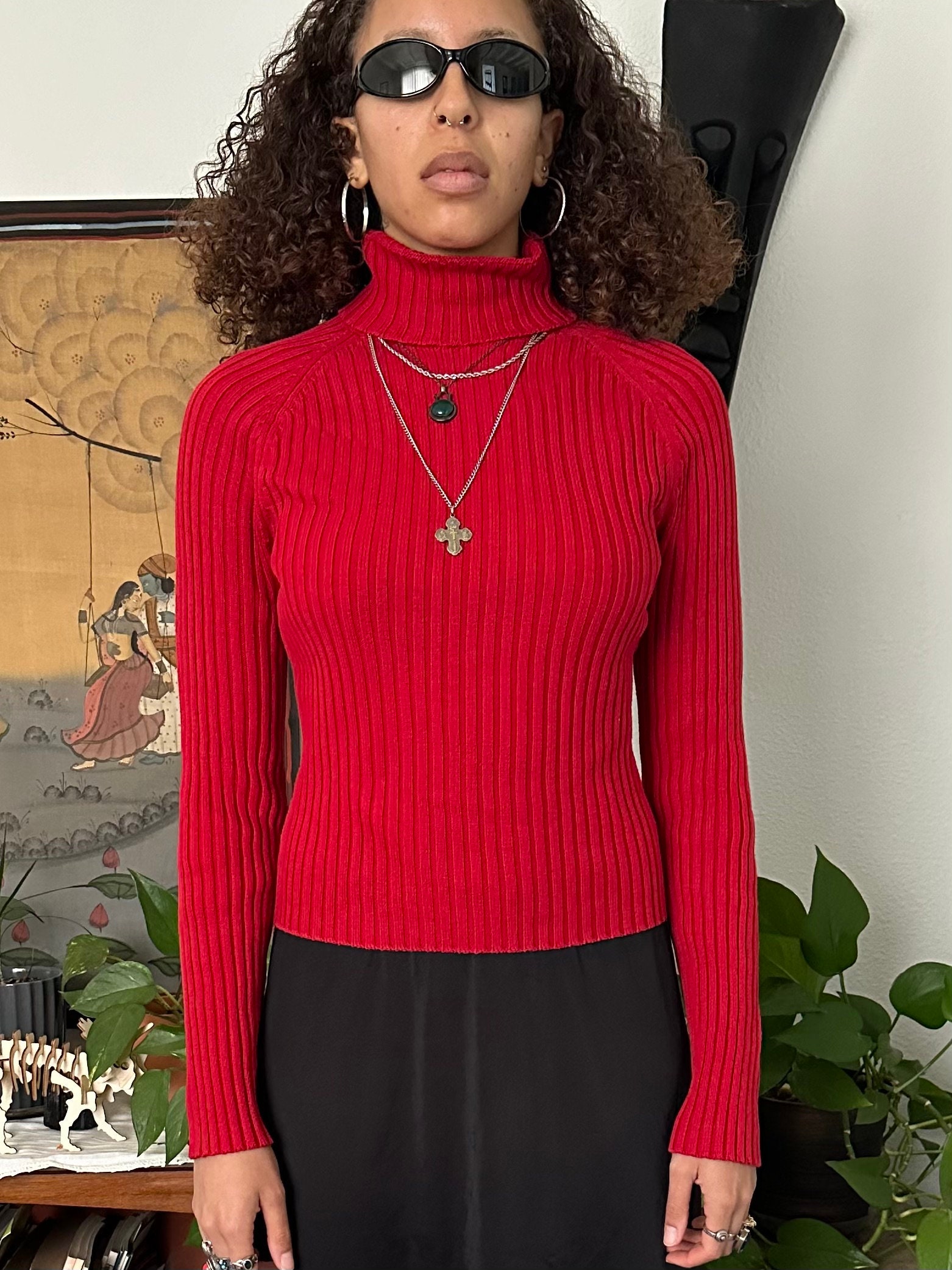 Vintage Red Ribbed Turtleneck, Guess, Long Sleeve, Women's XL, Fits ...