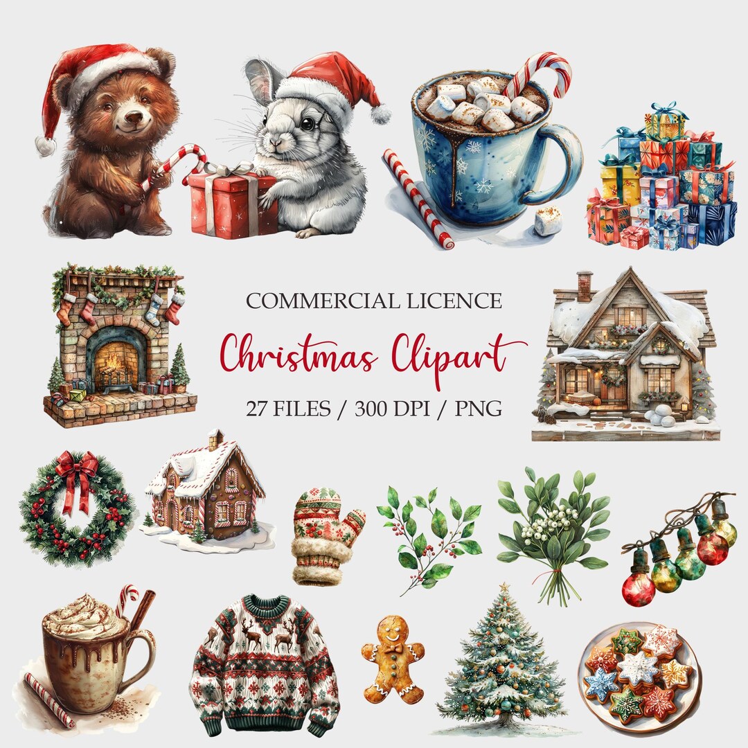 Christmas Watercolor Clipart Bundle, Cute Santa Watercolor Graphics ...