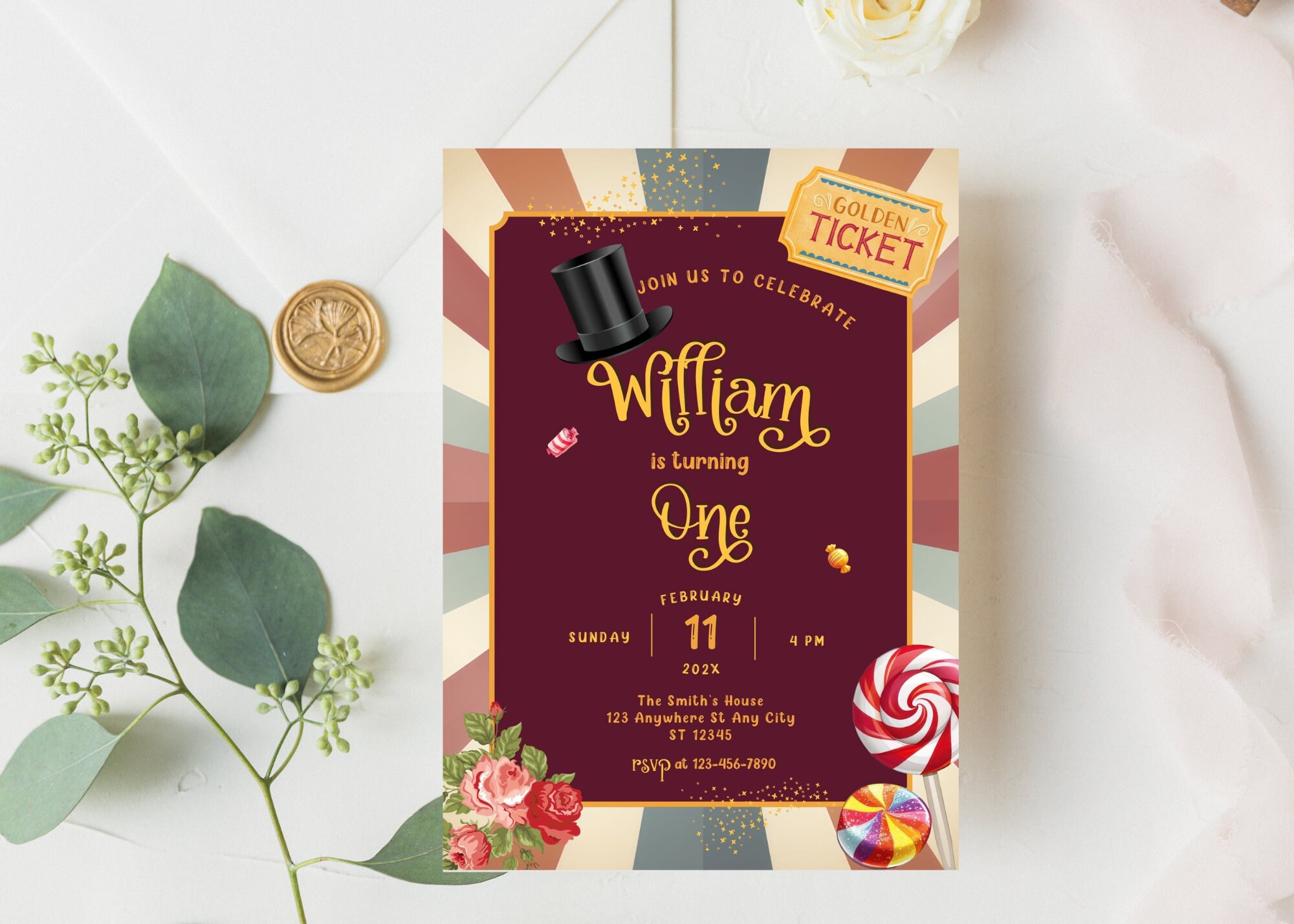 Chocolate Factory Inspired Birthday Invitation, Magician Invite Card ...