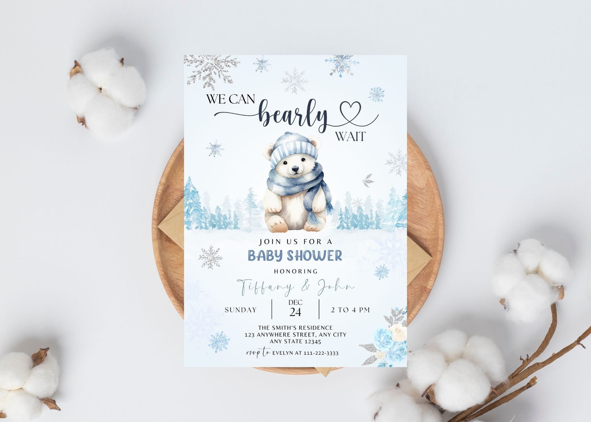 Editable Polar Bear Gender Reveal Invitation, Arctic Animals Invite ...